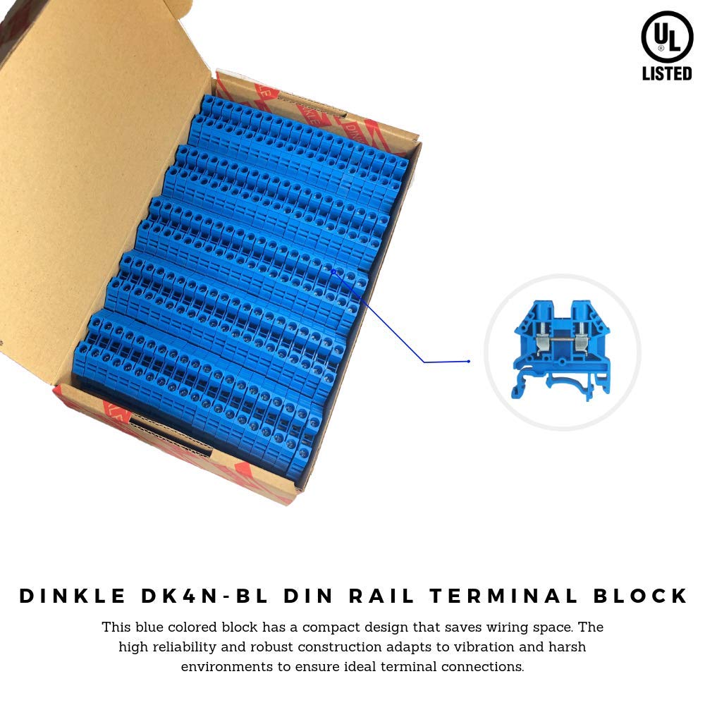 Dinkle Blue DK4N-BL DIN Rail Terminal Block Screw Type UL 600V 30A 10- – Terminal Blocks